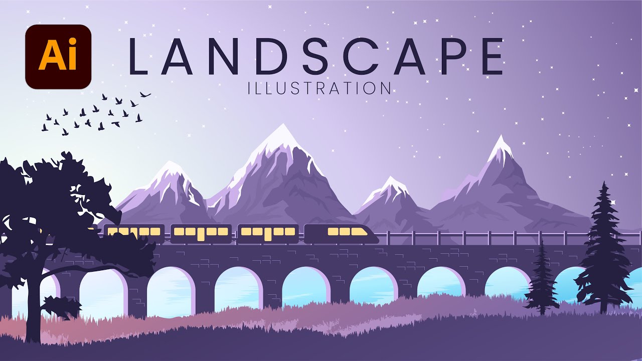 Create stunning vector landscape illustration | Mountains and Railwaytrack