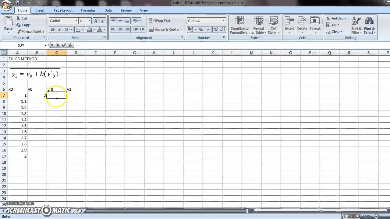 Euler Method Using Excel For First Order Diff Eqn