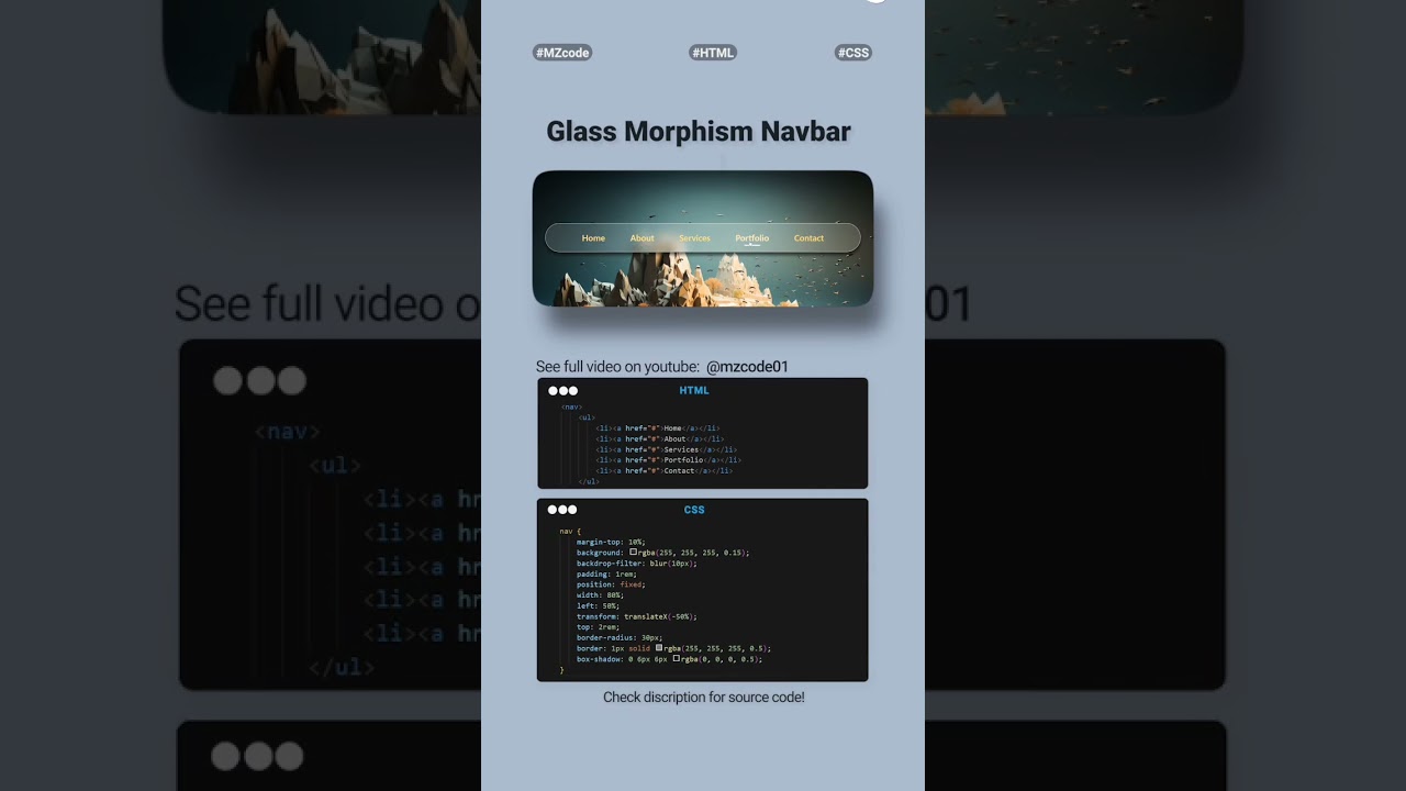 Glass Morphism Navbar🔮 (HTML/CSS) | mzcode01 #coding #css #shorts #viralvideo #webdesign #csstricks