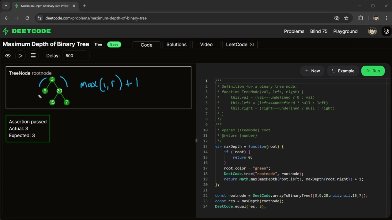 DeetCode - Maximum Depth of Binary Tree - Visualize LeetCode 104 - JavaScript