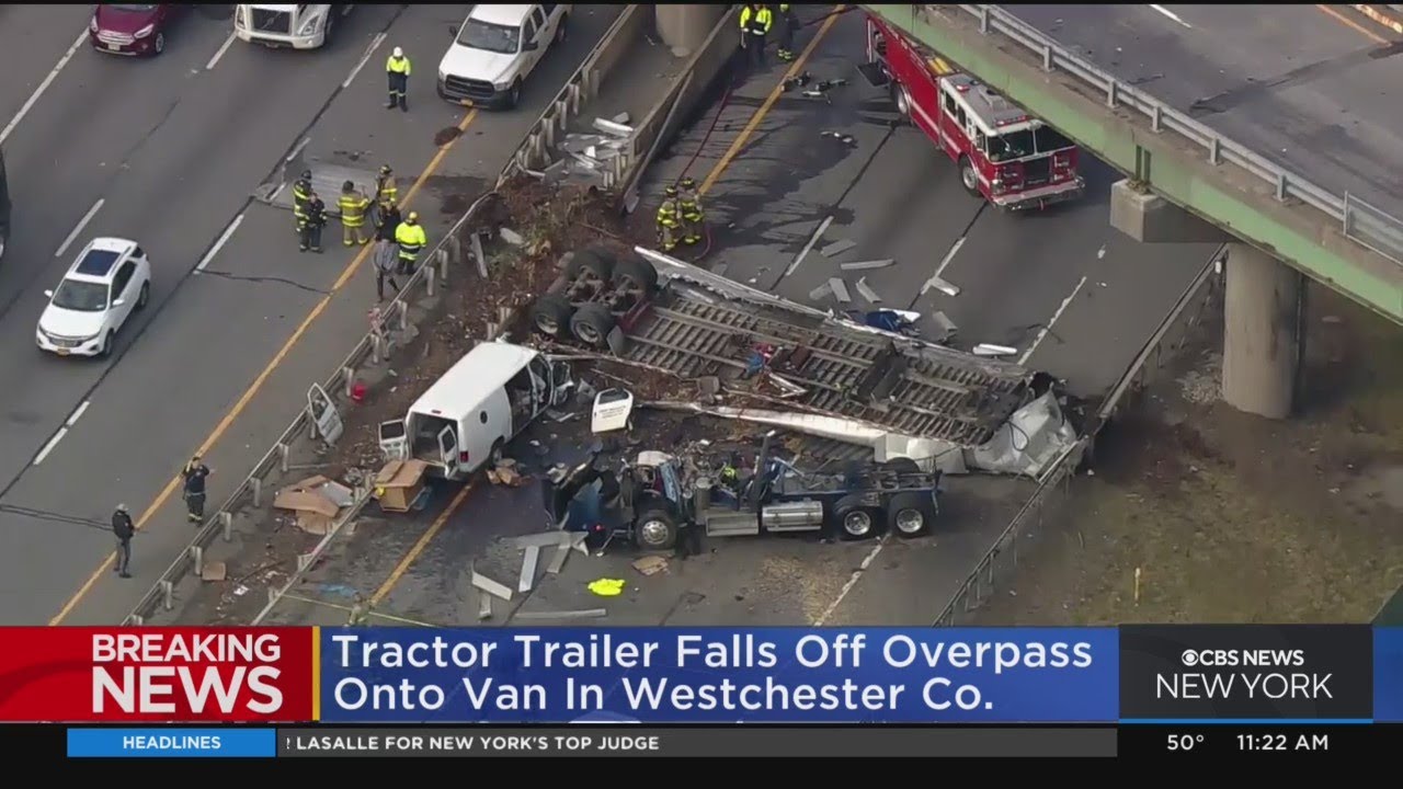 Tractor-Trailer crashes onto van after falling off overpass