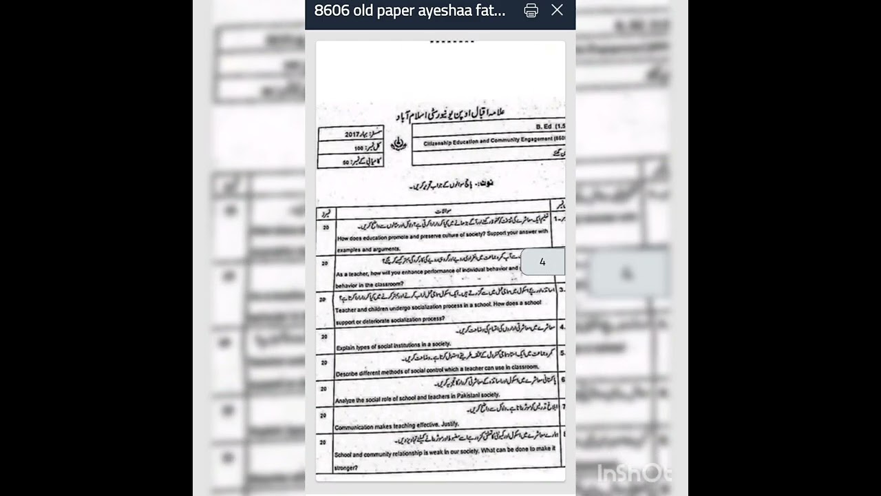 aiou course b.ed code 8606 past papers in Urdu+English