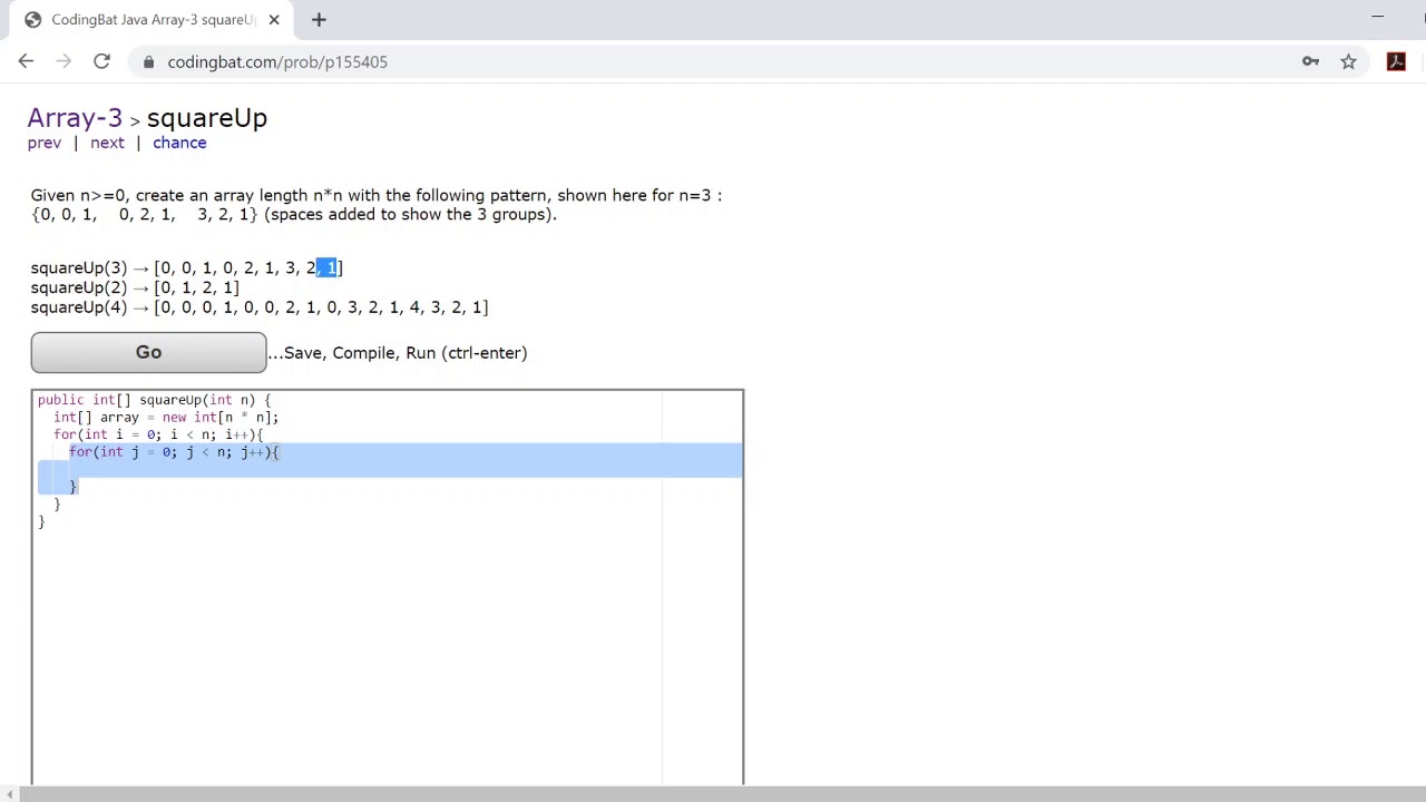 Array-3 (squareUp) Java Tutorial || codingbat.com