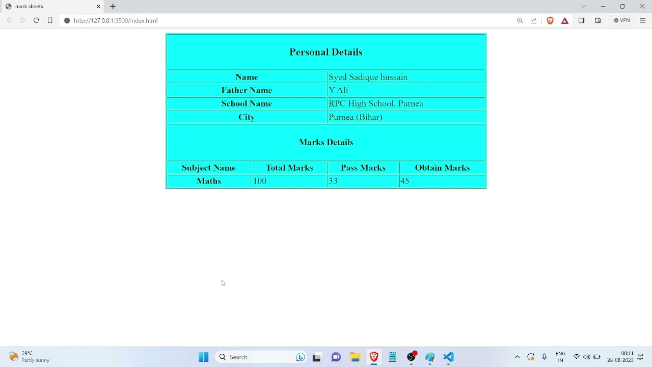 marksheet design using html table
