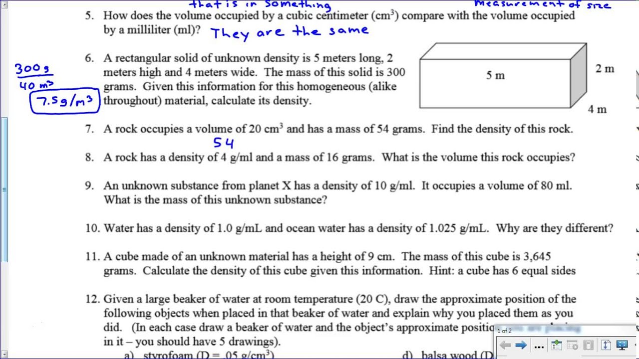 Density Worksheet Key