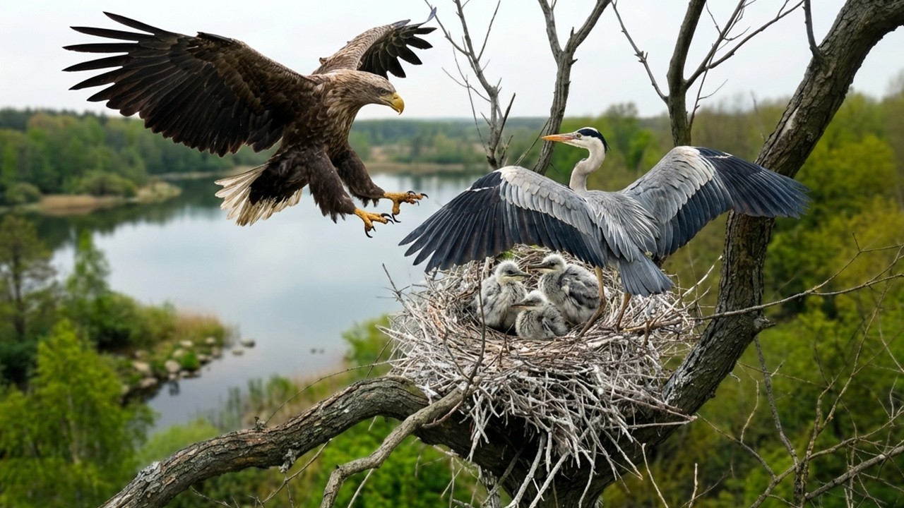 Garza real aves: Un kia de caza de peces y protección de sus crías contra los ataques de las águilas