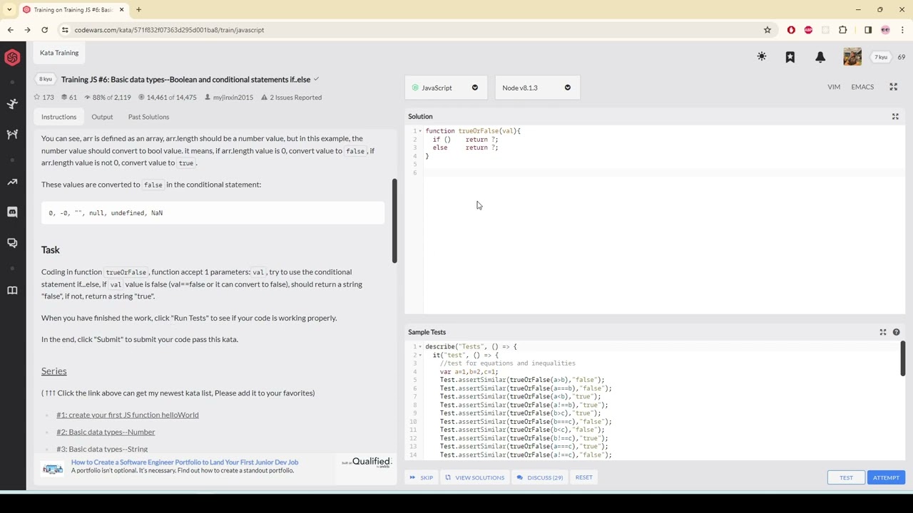 Codewars | Kata Training | Training JS#6: Basic data types-Boolean & conditional statements if..else