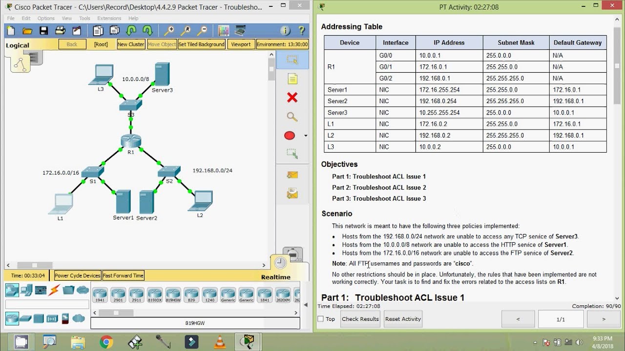 4.4.2.9 Packet Tracer - Troubleshooting IPv4 ACLs