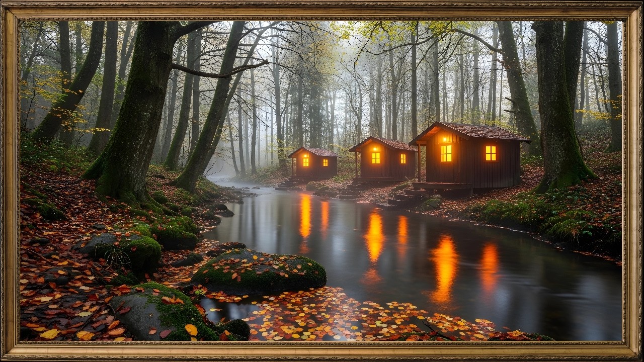 Hidden Forest Cabins 🌲 Cozy Streamside Lights in Misty Woods | Relaxing 4K TV Wallpaper