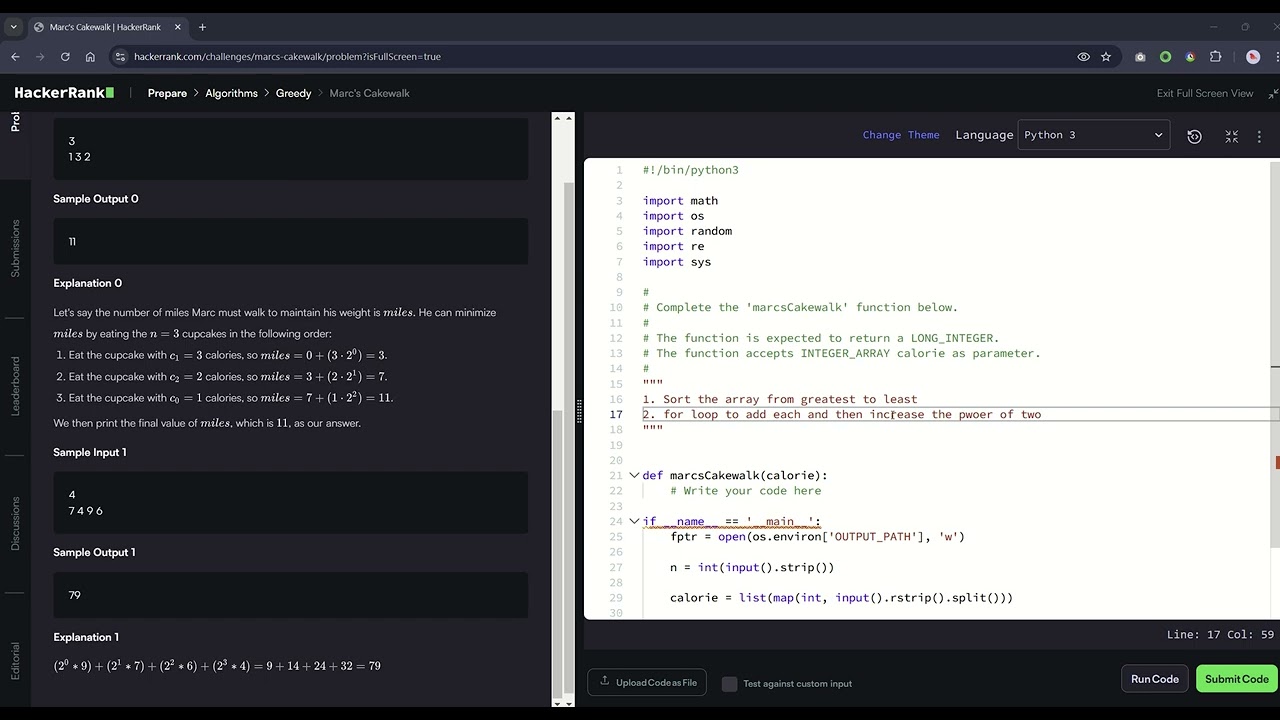 Hackerrank Problem: Marcs Cakewalk