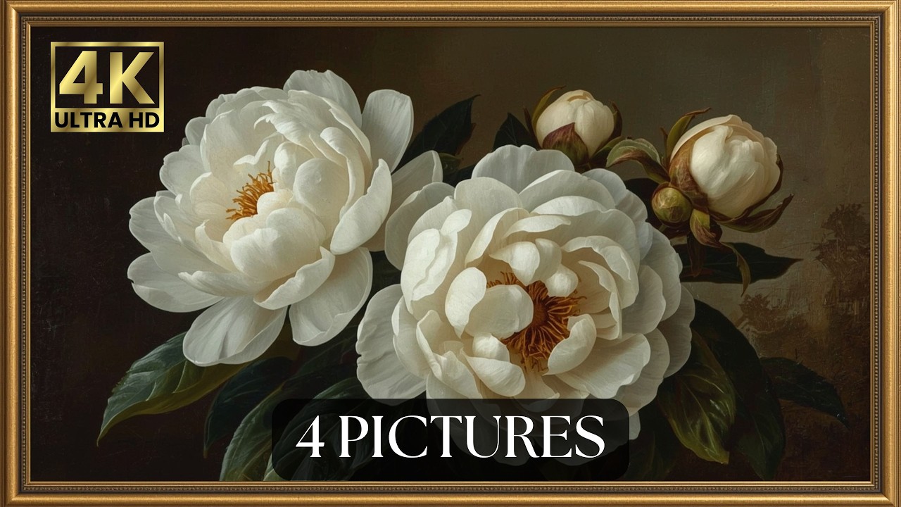 Vintage White Peonies Oil Painting | Elegant Gold Frame | Timeless Floral Art | TV Screensaver 4K