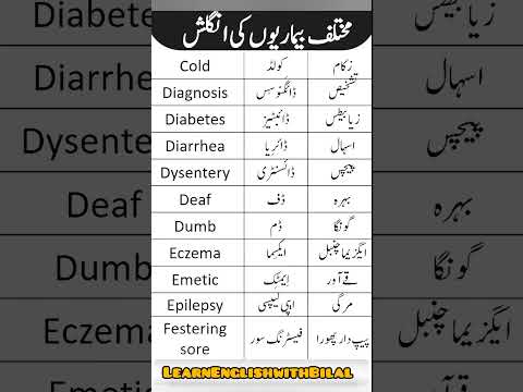 English words with the Urdu meaning about different diseases#vocabulary#used#sentences#english