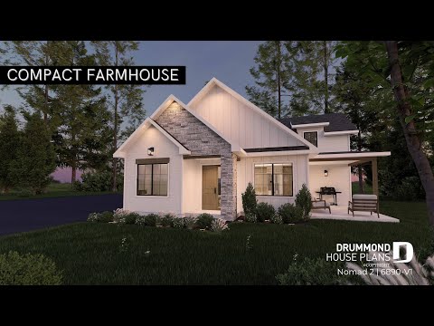 Farmhouse-style home plan with attached RV garage by Drummond House Plans