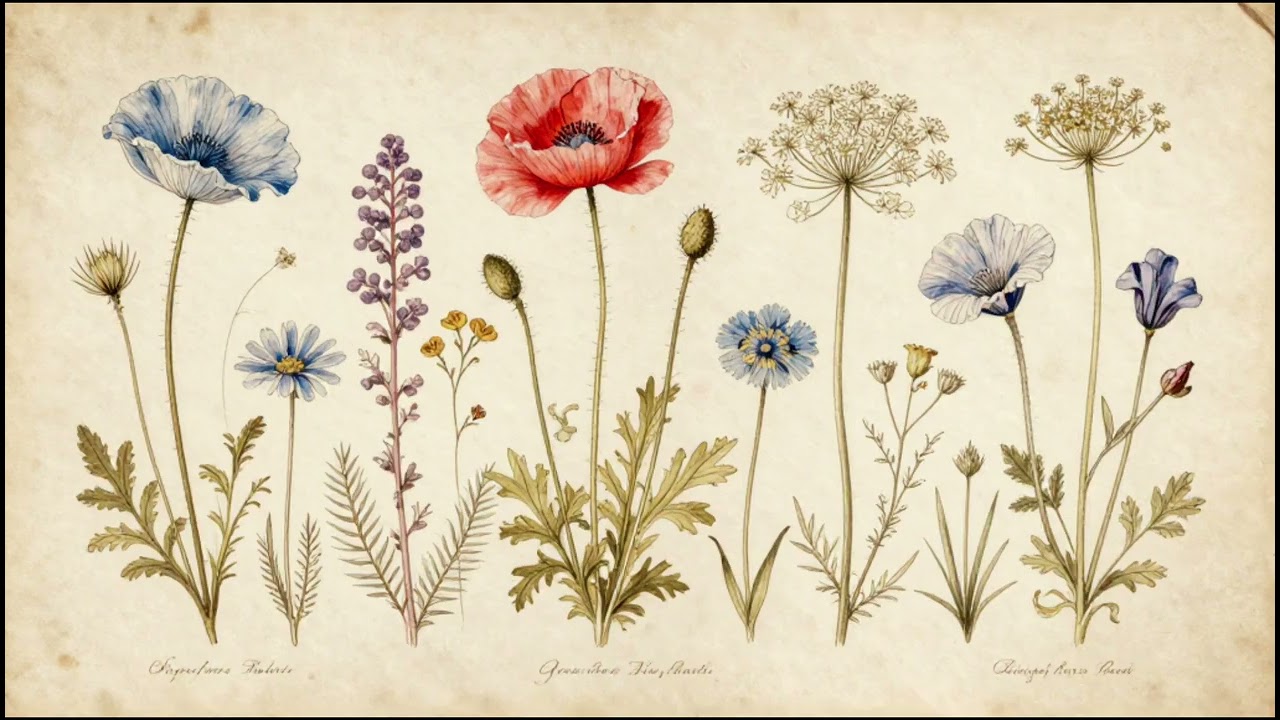 ​Antique Herbarium Collection Botanical Sketches  Vintage Florals | 4kTV Art | Aura Digital Gallery