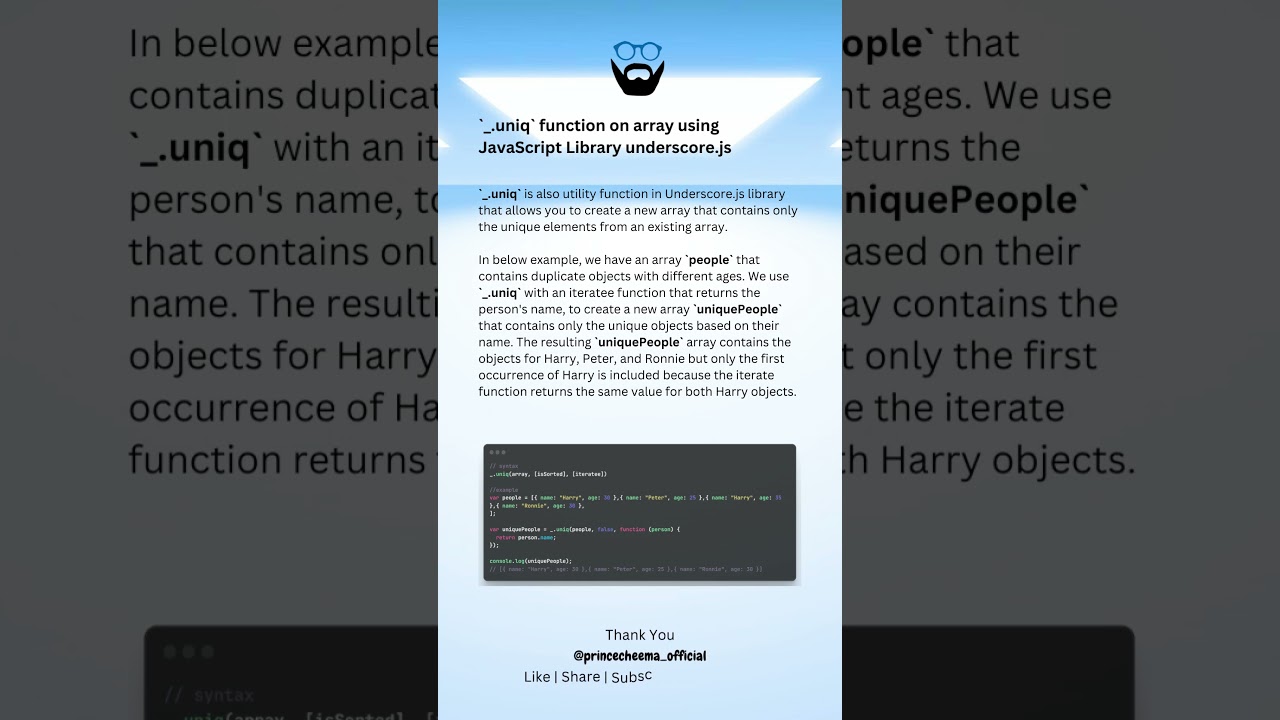 `_.uniq` function on array using JavaScript Library underscore.js ( #shorts )