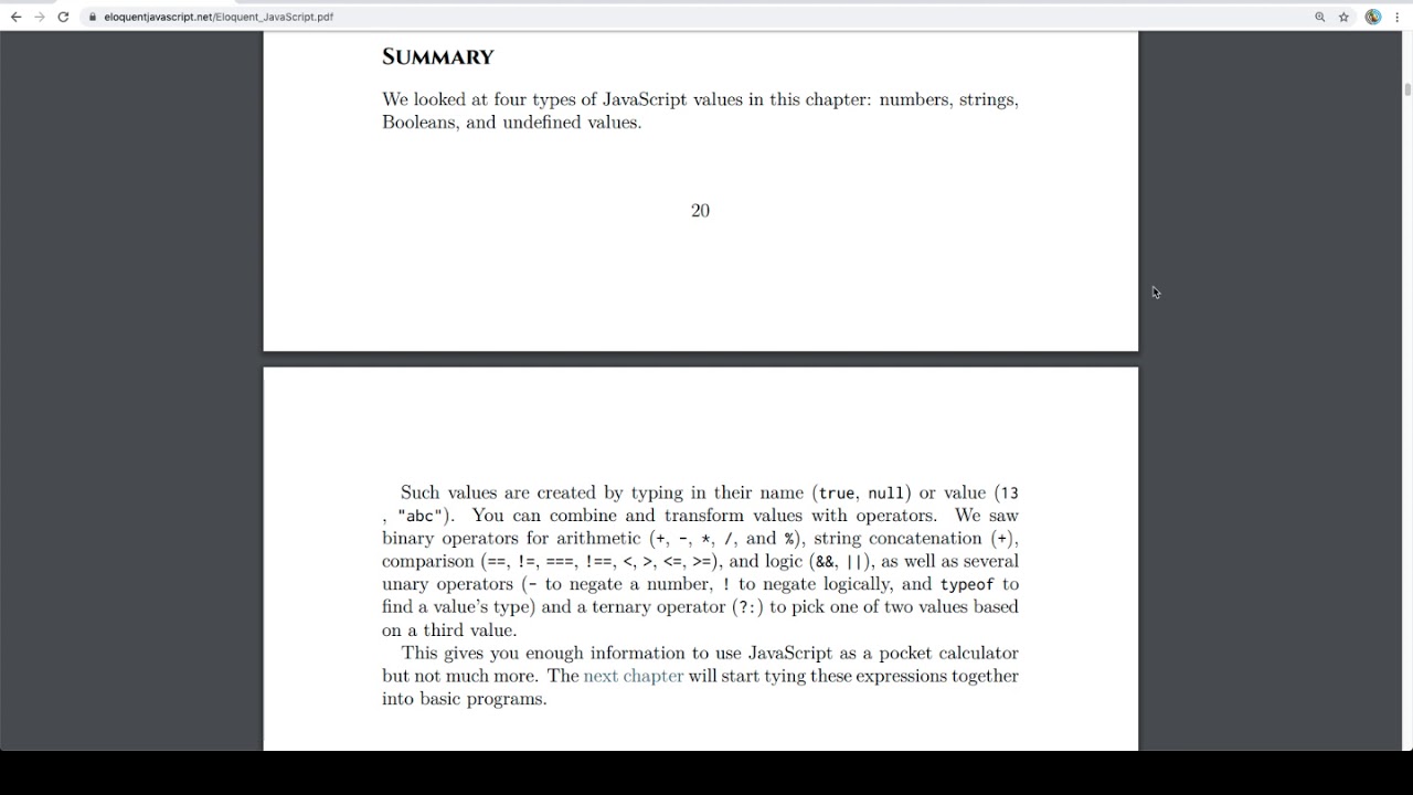 Eloquent JavaScript Read-Along - Values, Types, and Operators - 009 - Summary