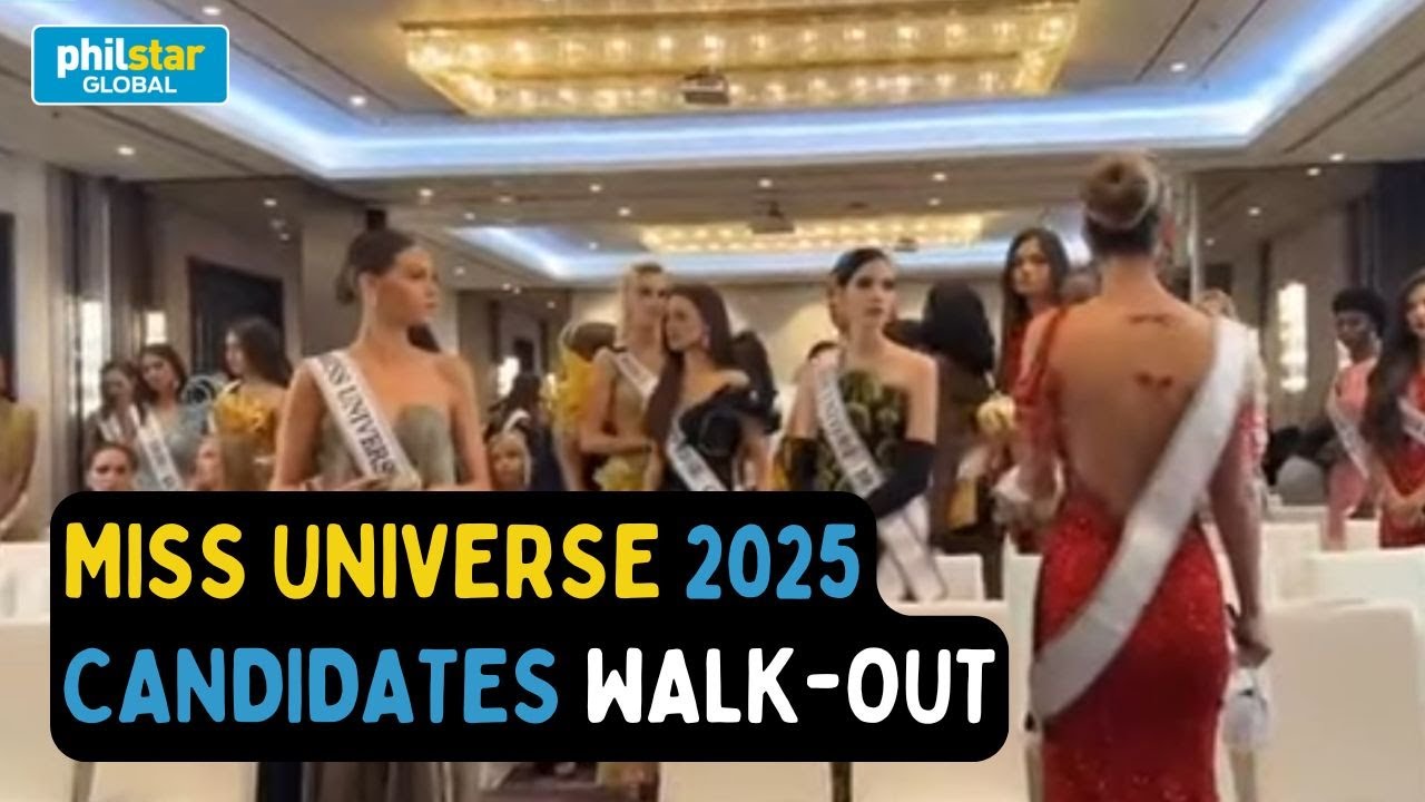 Reigning queen Victoria Kjaer Theilvig and Miss Universe 2025 candidates walk out