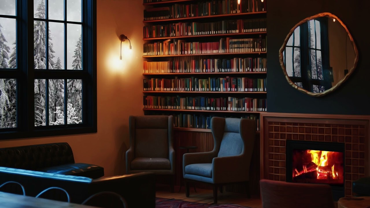 1080HD cozy library ambience, snowy library with cozy fireplace for reading ambience