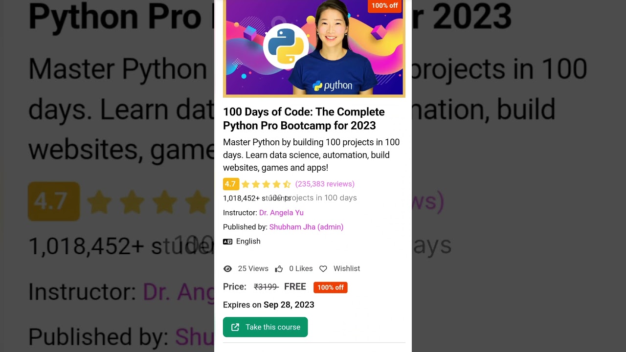 100% off 100 days of code: Python pro bootcamp for 2023 #udemycoupons #freeudemycourses #korshub