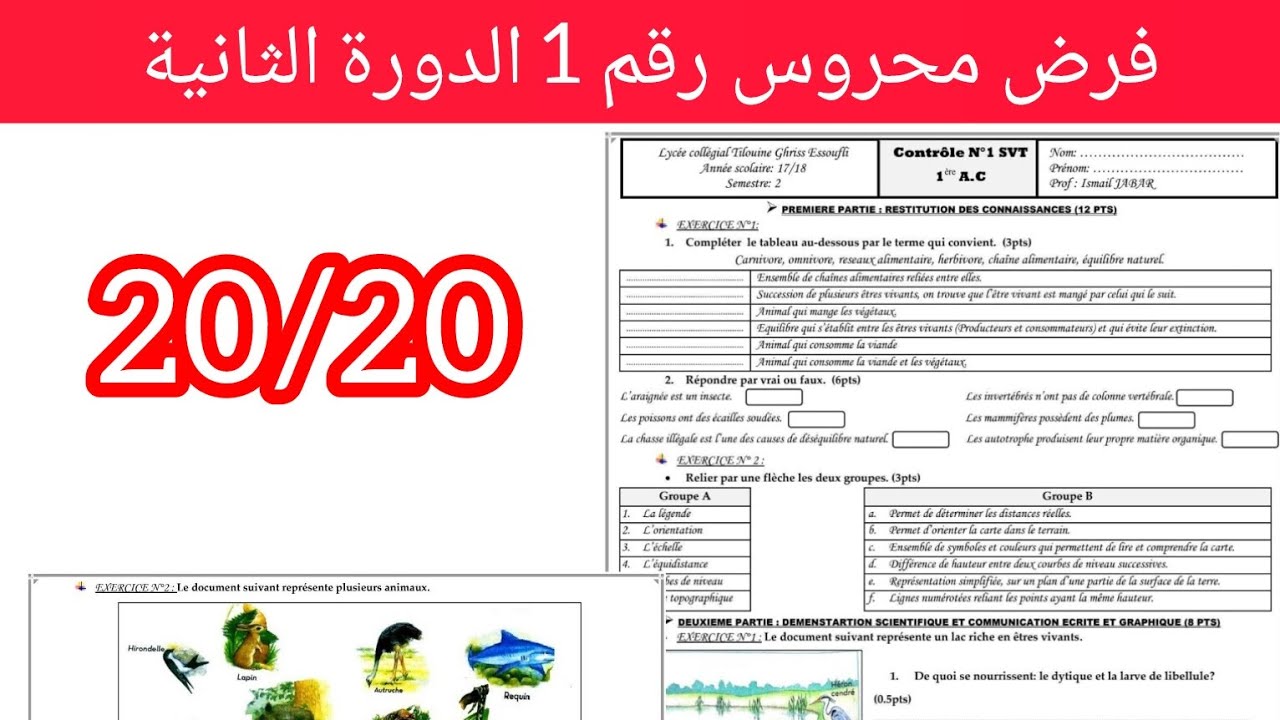 Devoir 1 semestre 2 en Sciences de la Vie et de la Terre SVT 1AC الأولى إعدادي 