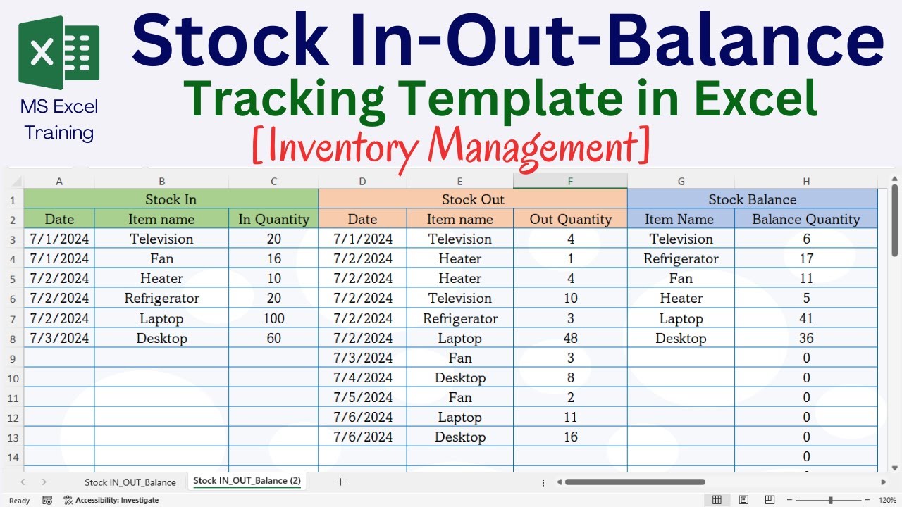Stock In Out and Balance Template in Excel | Inventory Management Template
