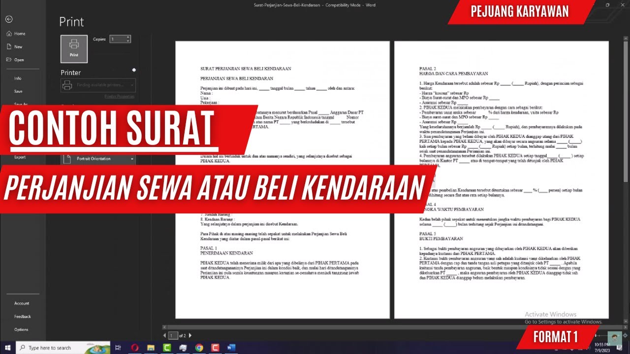 Contoh Surat Perjanjian Sewa atau Beli Kendaraan Format 1, siap pakai, tinggal edit.