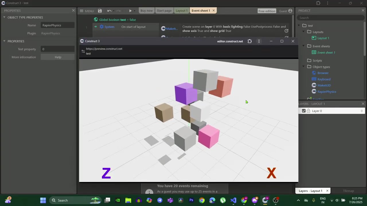 MakeIt3D PhysicsTest: Construct3 Addon