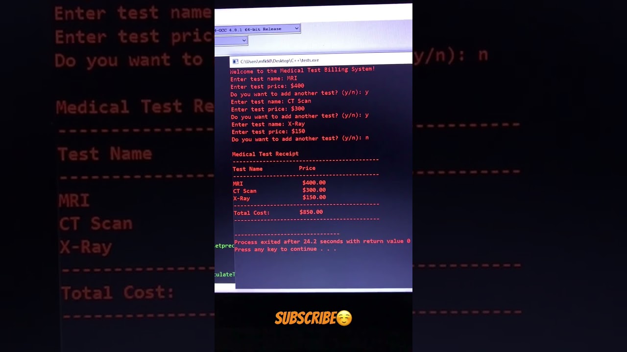 medical tests receipt IDE dev c++ #cppprogramming
