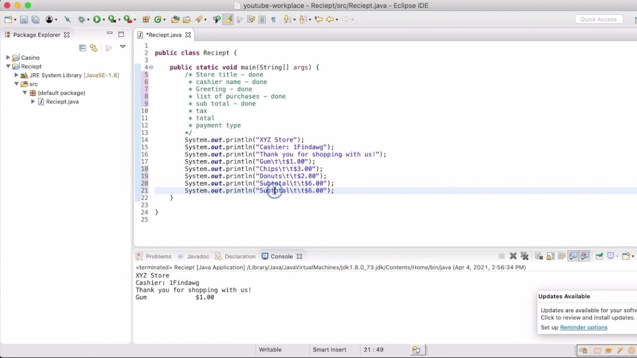 Java Tutorial - Receipt (1) Main Method