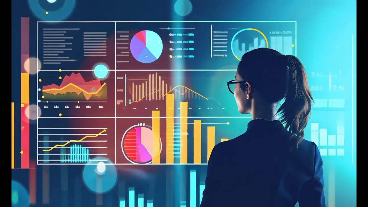 Glasses businesswoman analyzes data displayed on futuristic screen video animation, ai generated