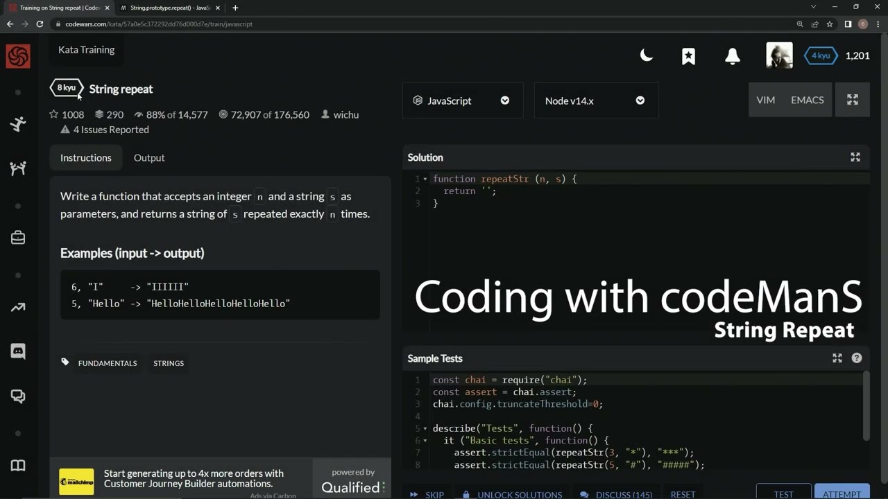 Codewars 8 kyu String Repeat Javascript