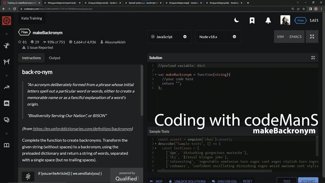 Codewars 7 kyu makeBackronym Javascript