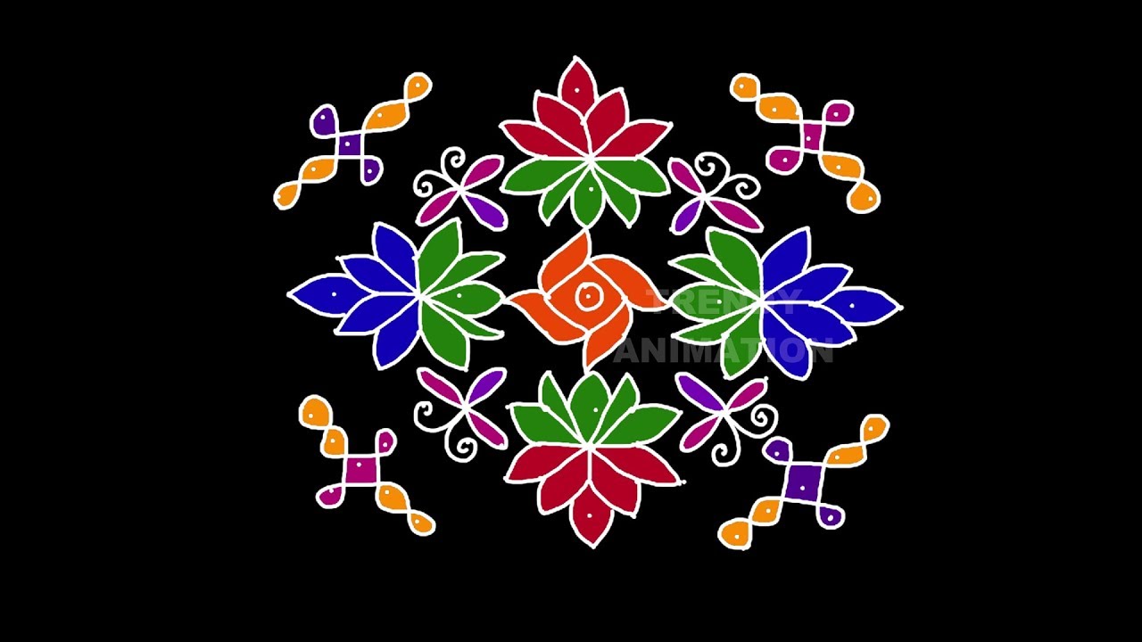 Lotus rangoli design 15*1dots with colors and borders | Lotus Rangoli with borders |