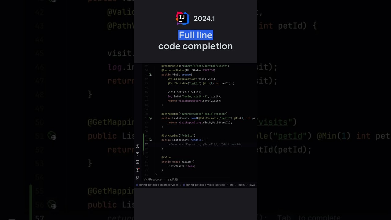 IntelliJ IDEA 2024.1: Full line code completion