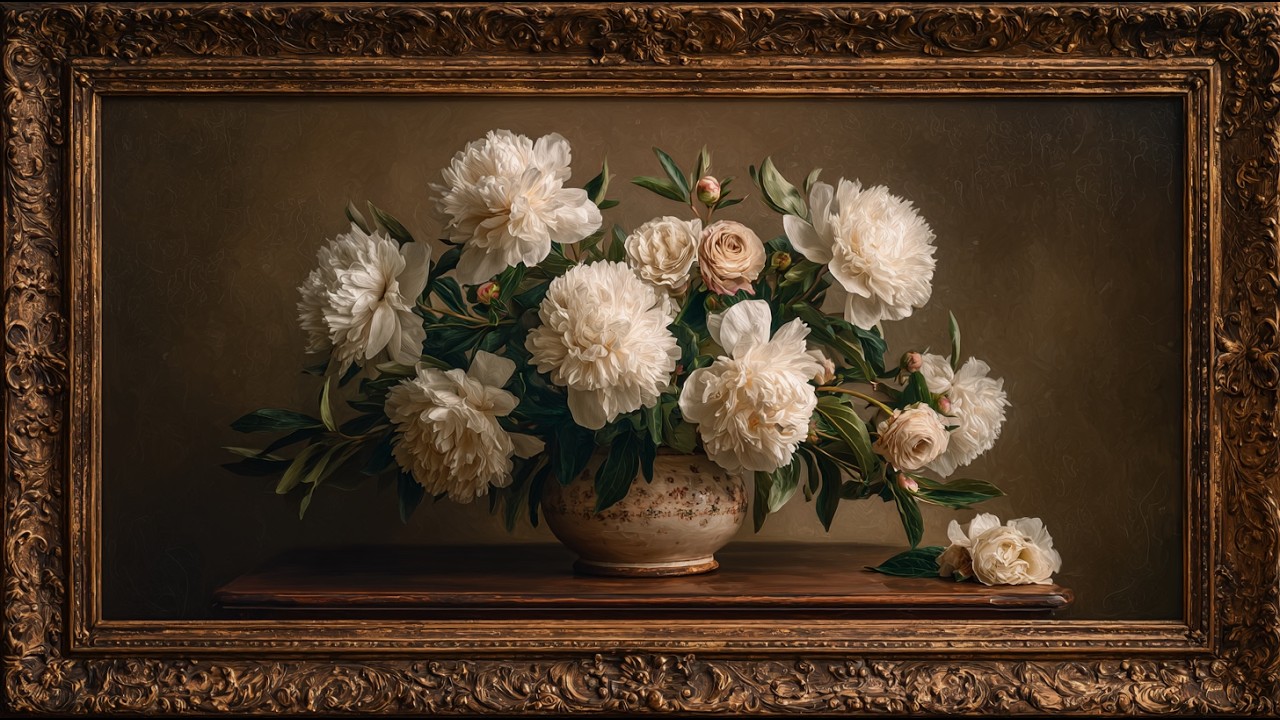 Elegant White Peony Still Life | Classical Framed Floral Oil Painting for TV Art | Vintage Wall Art