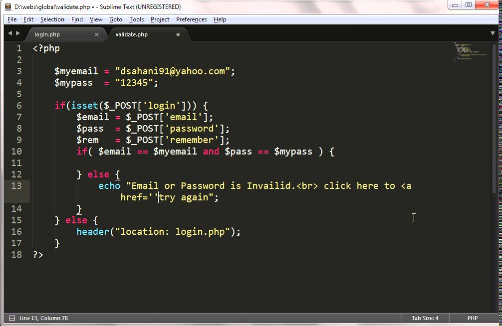 Login form using session and cookie with remember me in php
