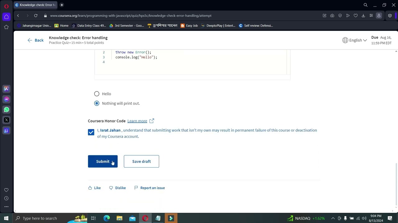 Knowledge check: Error handling Coursera | Programming with JavaScript Meta