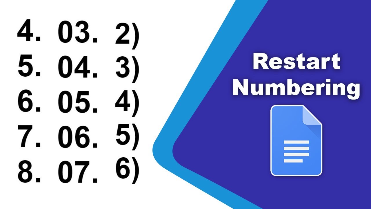 How to restart numbering in google docs app