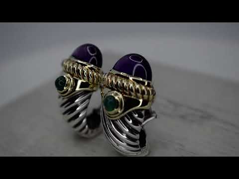 Authentic David Yurman Renaissance Shrimp Earrings 925/14K Amethyst & Emerald