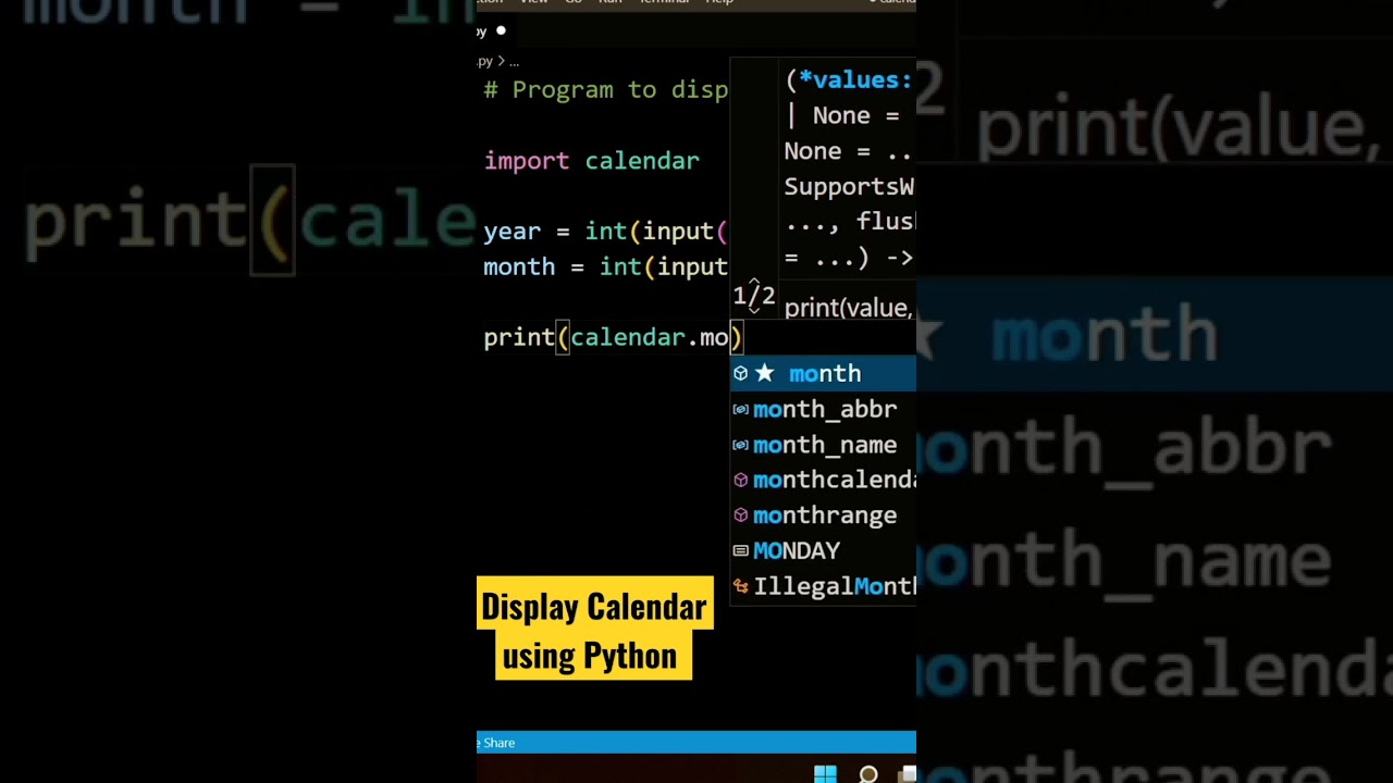 Display Calendar using Python| #shorts #coding  #python