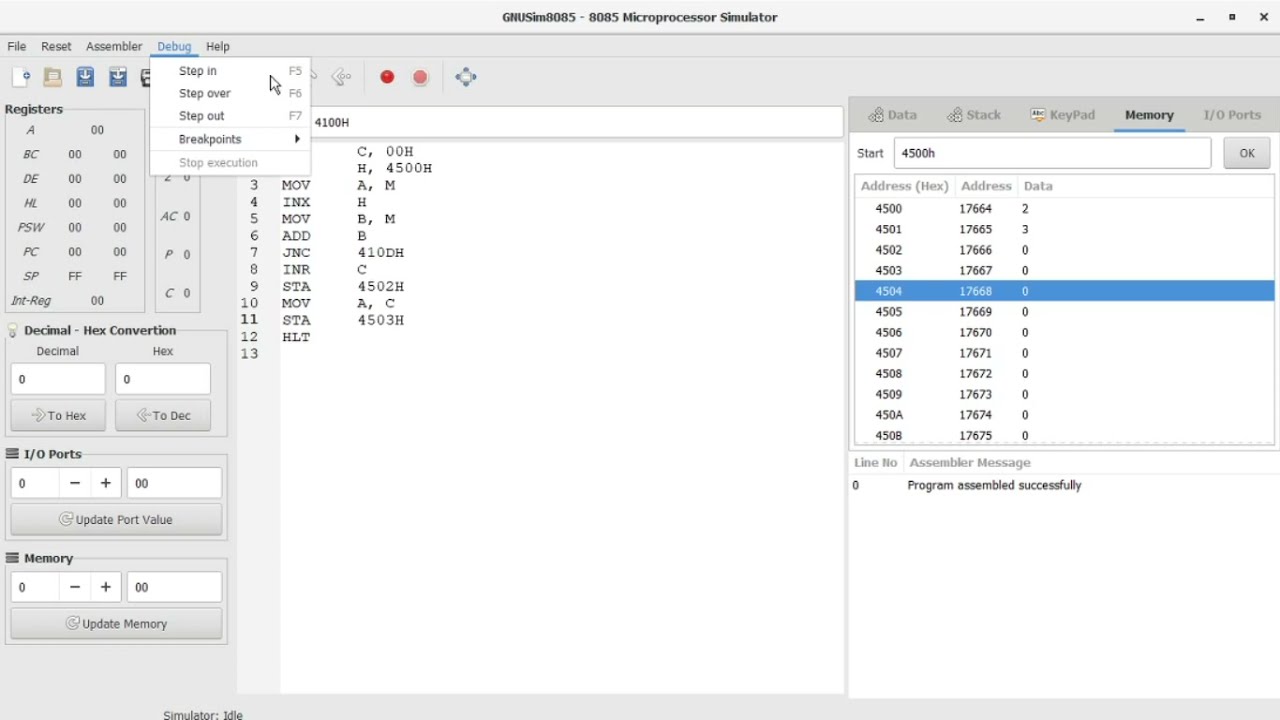 How to EXECUTE a program step by step in GNUsim8085