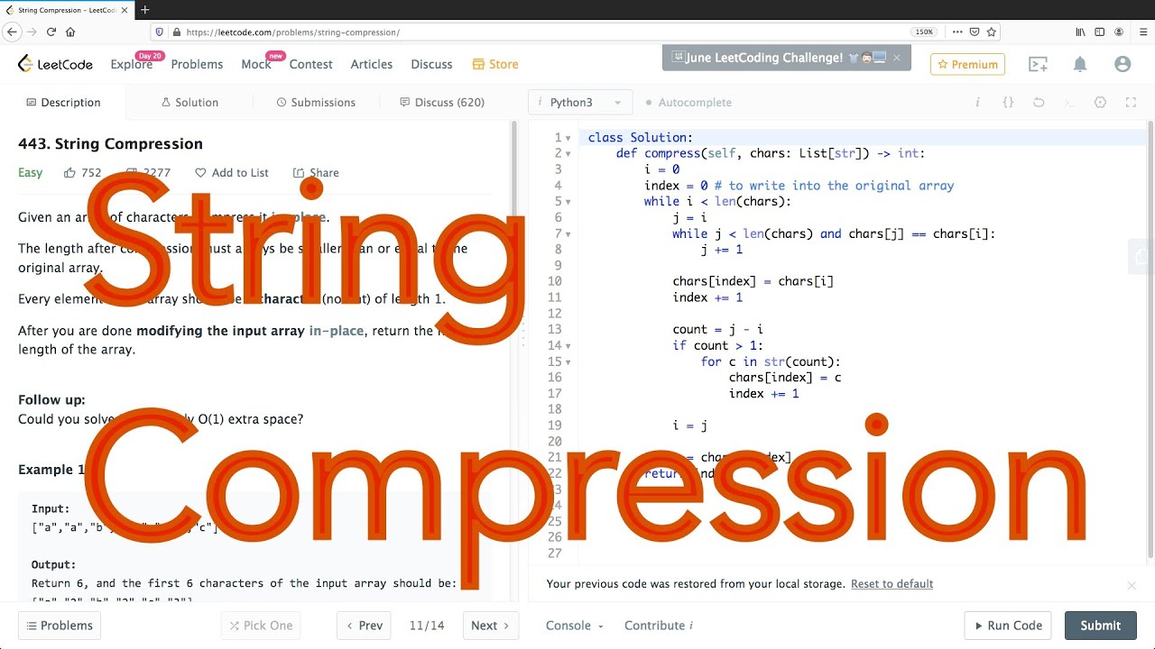 Leetcode 443: Run length encoding or string compression (Python3)