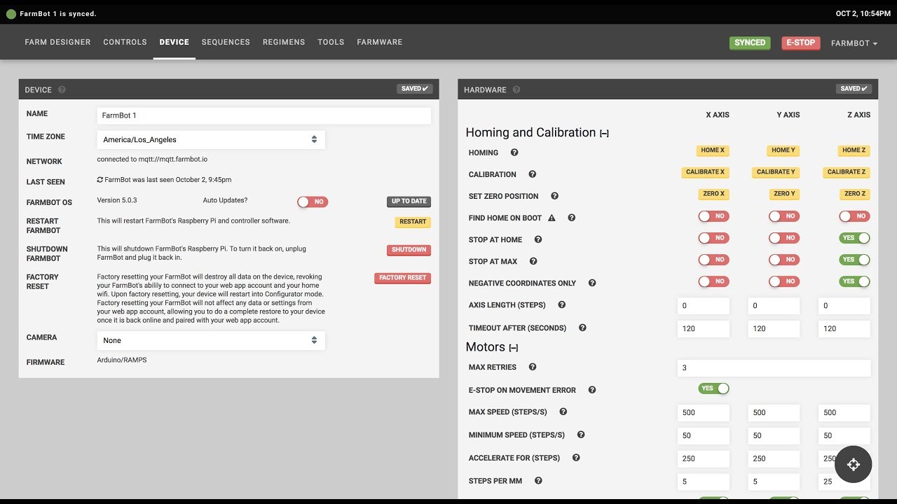 FarmBot Software: Device Settings