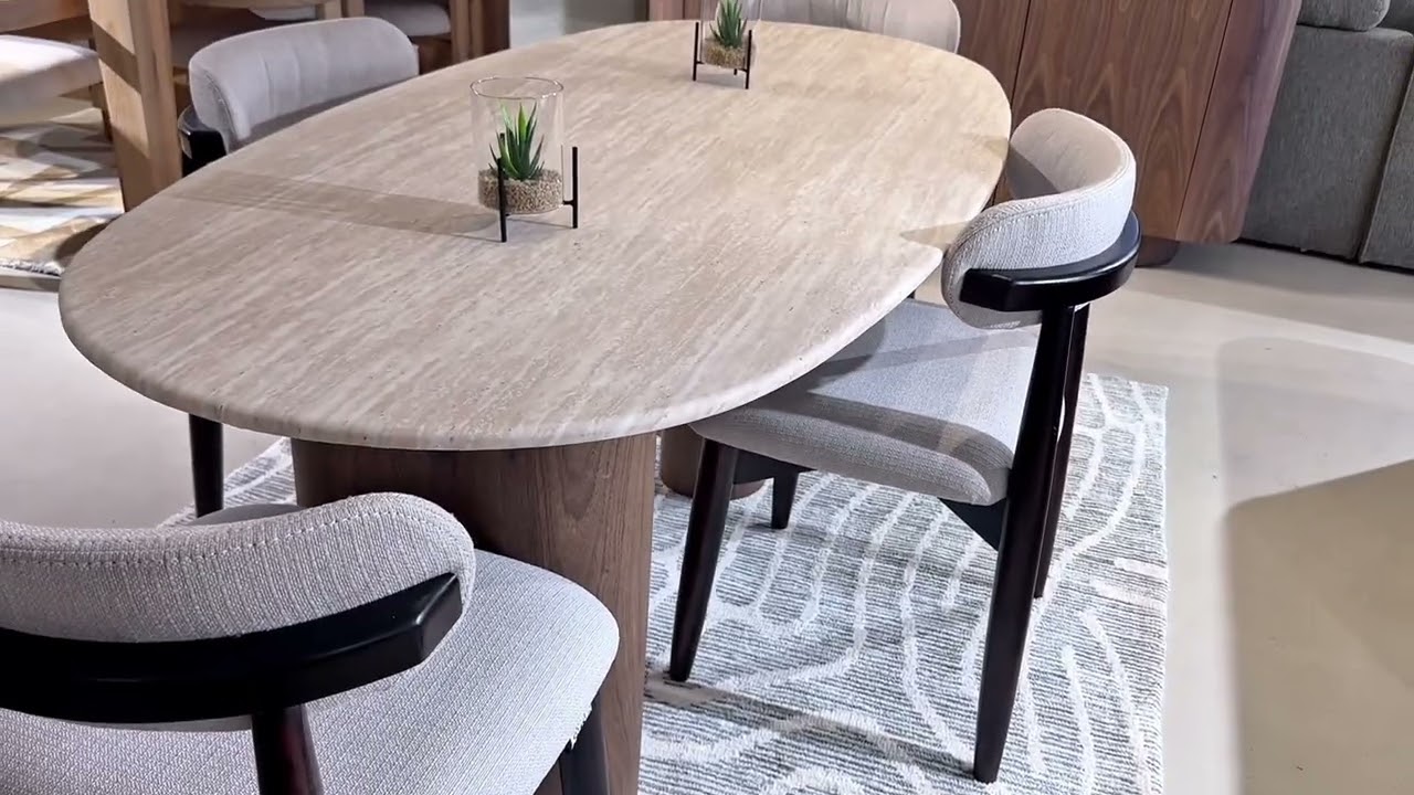 Wallnut dining table and moon chairs 