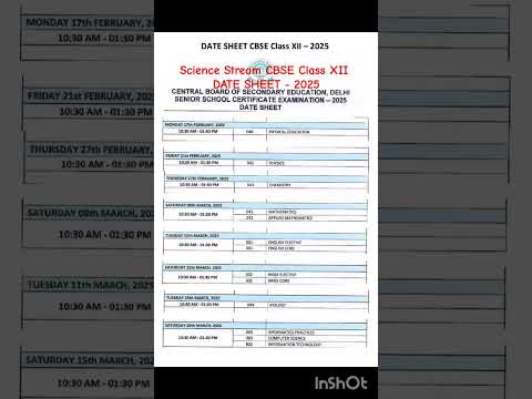 CBSE Date Sheet 2025 Class 12th Science Stream (PCMB) #cbseboard #cbse2025 #cbse2025boards #class12