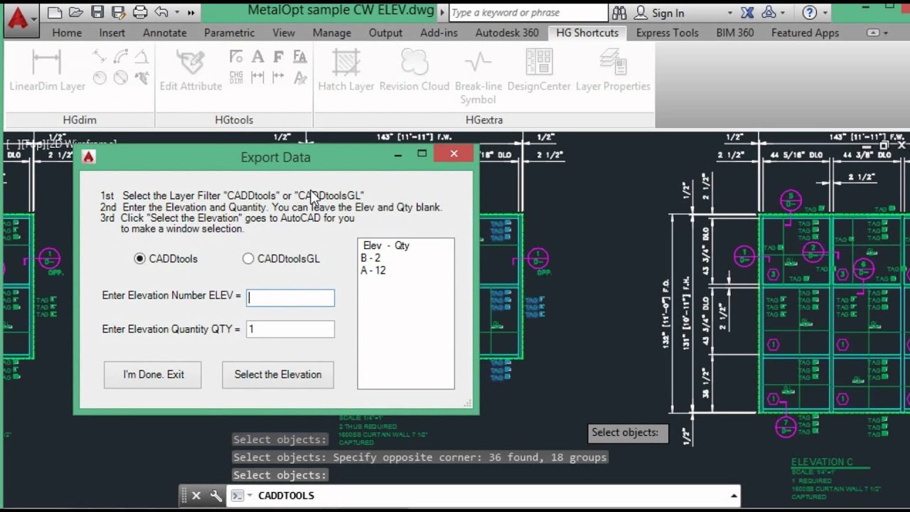 Curtain Wall data extraction utilizing the VB.net version of the CADDtools data exchange