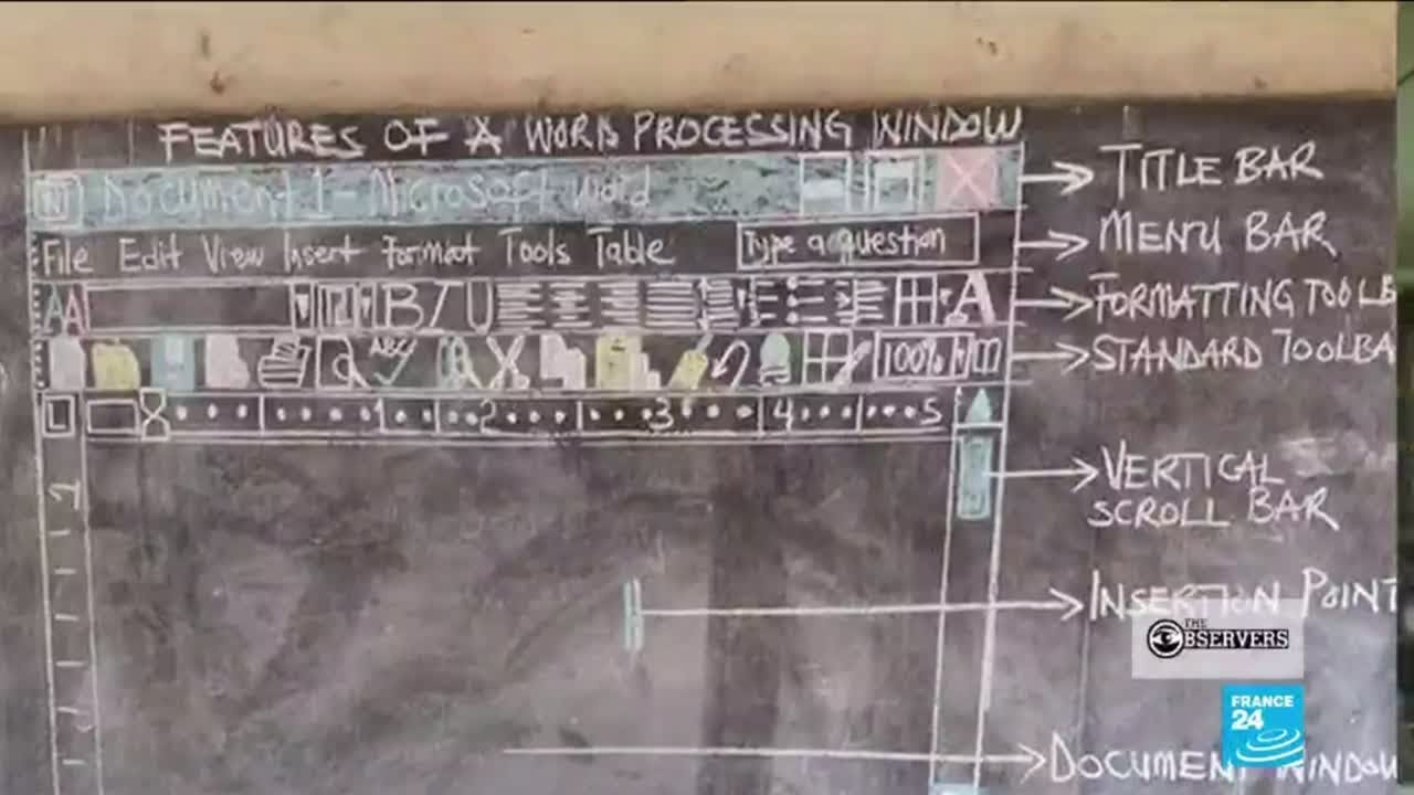 Drawing technology: teacher draws ICT lessons on blackboard for children without computers