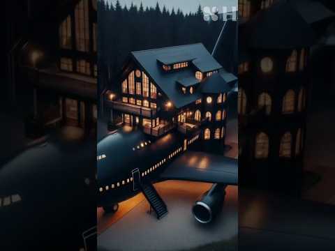 Big black colour aeroplane shaped mansion in the middle of the forest at night