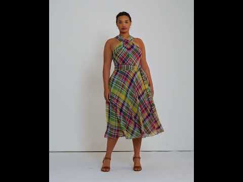 LAUREN Ralph Lauren Plus Size Plaid Crinkle Georgette Halter Dress SKU: 9805256
