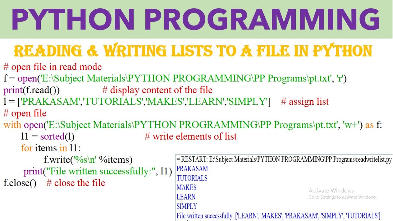 PYTHON PROGRAM#READING AND WRITING LISTS TO A FILE IN PYTHON